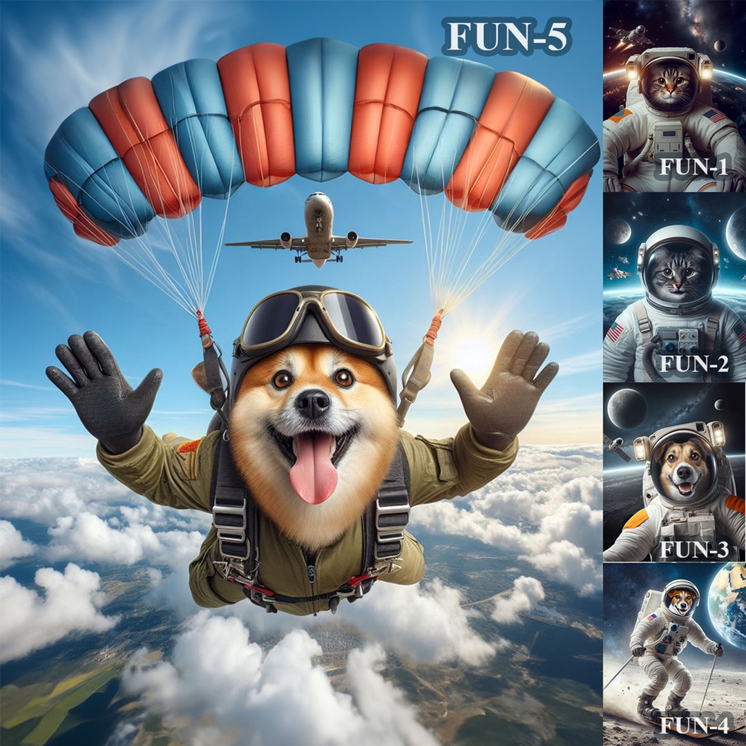 Custom Pet Sky Diving Portrait Using Photo, Dog With Parachute Portrait ...