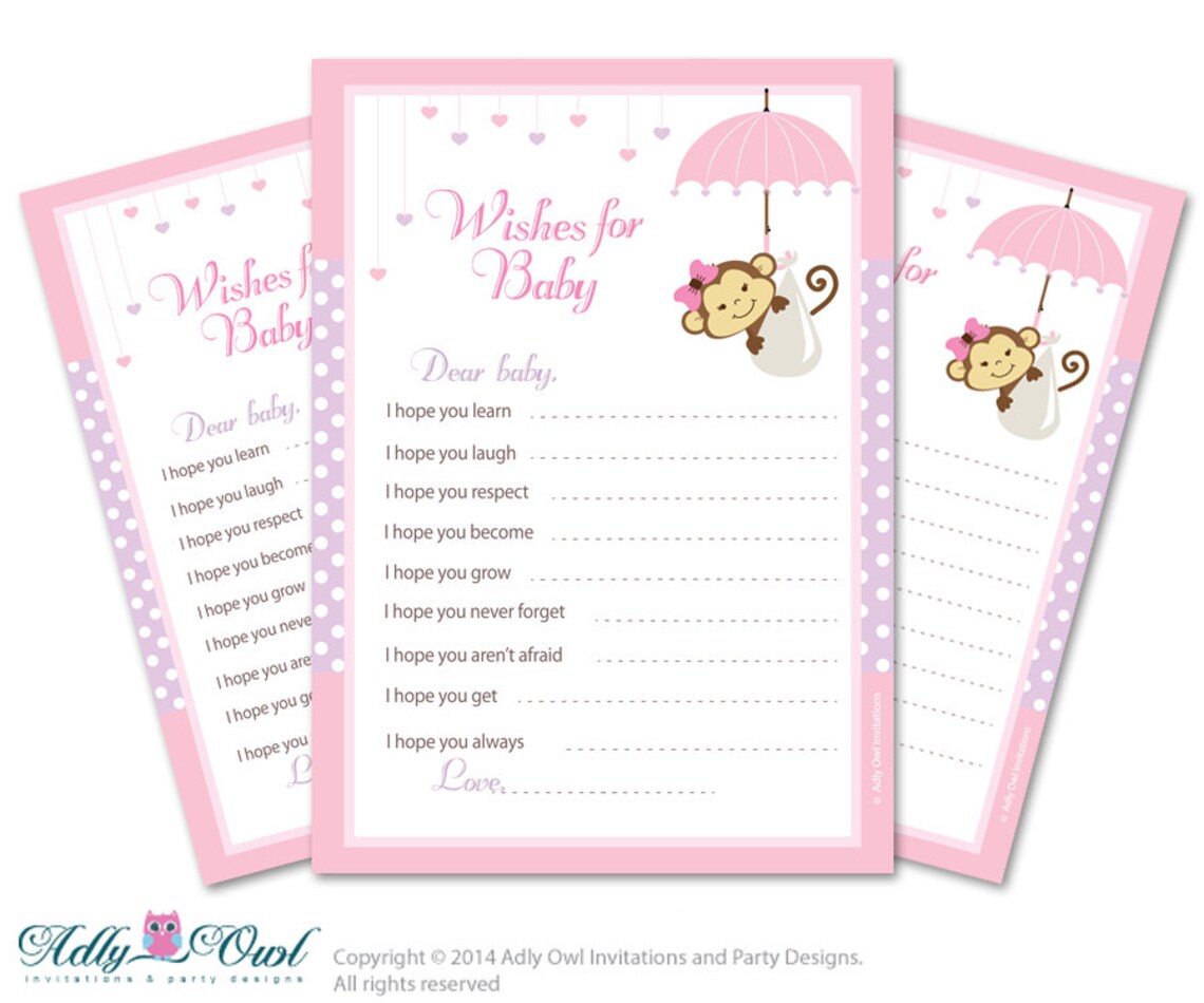 Girl Monkey Wishes for a Baby Shower Well Wishes Pink Purple - Etsy