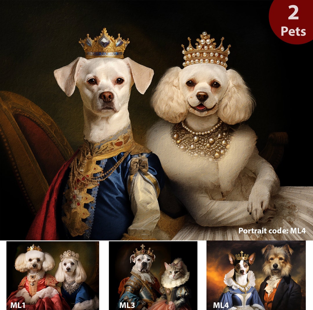 King and Queen Multiple Custom Pet Portrait, Pet Portrait Custom Dog ...