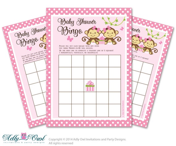 Girl Monkeys Bingo Game Printable Card for Baby Twins Shower DIY grey ...