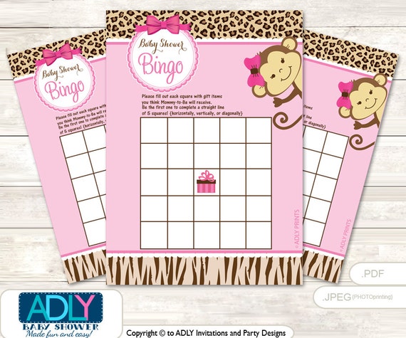 Leopard Monkey Bingo Game Printable Card for Baby Safari Shower DIY ...