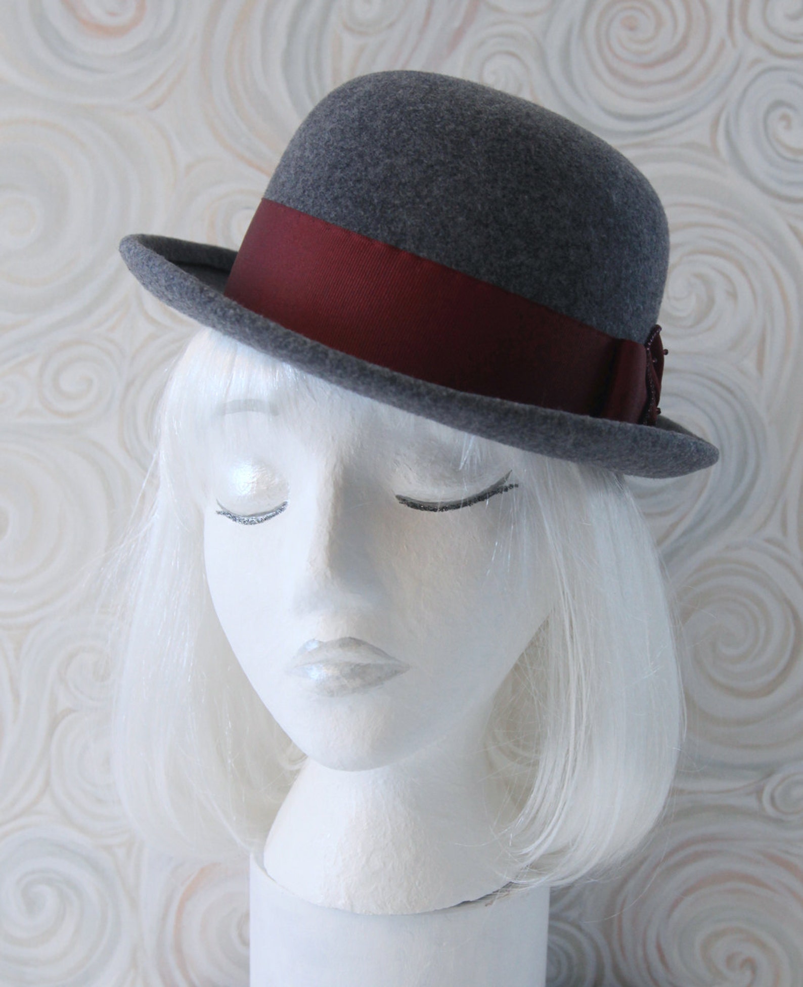 Gray Bowler. Wool Felt Hat W/ Cranberry Ribbon, Beads. Tilt Hat ...