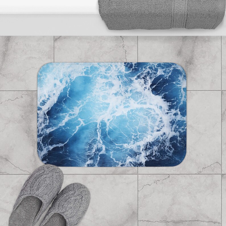 Blue Ocean Surf Bath Mat, Beach Surf Bohemian Chic Ocean Waves Accent ...
