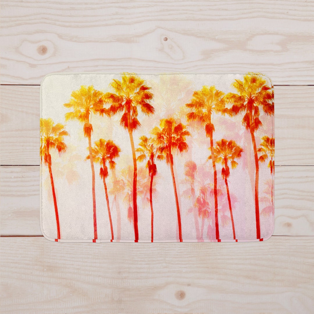 Sun-kissed Palms Bath Mat, Orange & Red Tropical Palm Trees Beach Surf ...