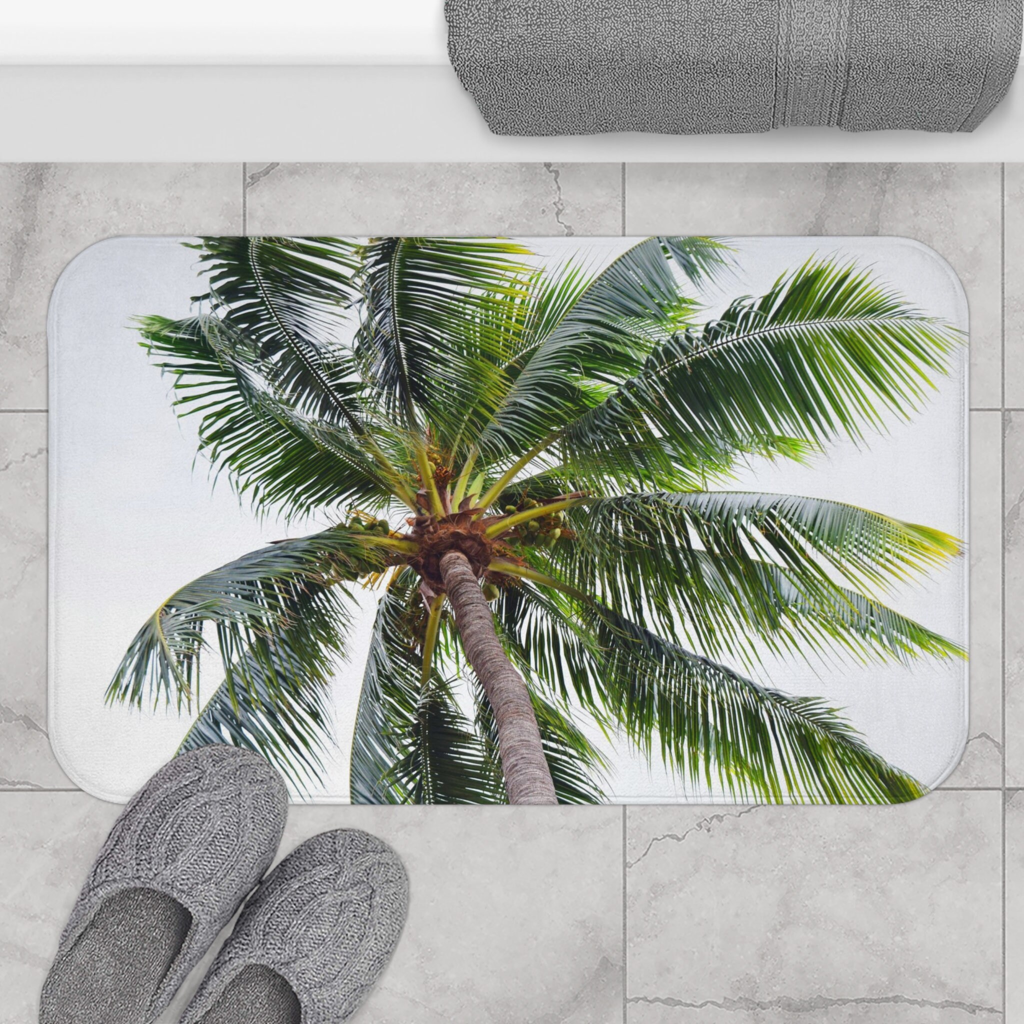 Caribbean Palm Bath Mat, Beach Tropical Surf Style Palm Tree Accent ...