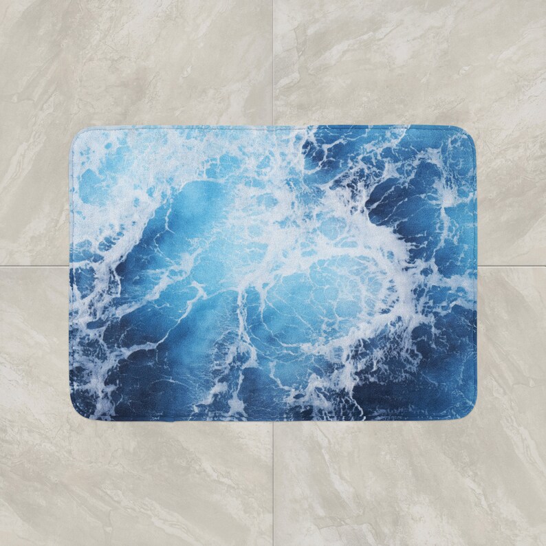 Blue Ocean Surf Bath Mat, Beach Surf Bohemian Chic Ocean Waves Accent ...