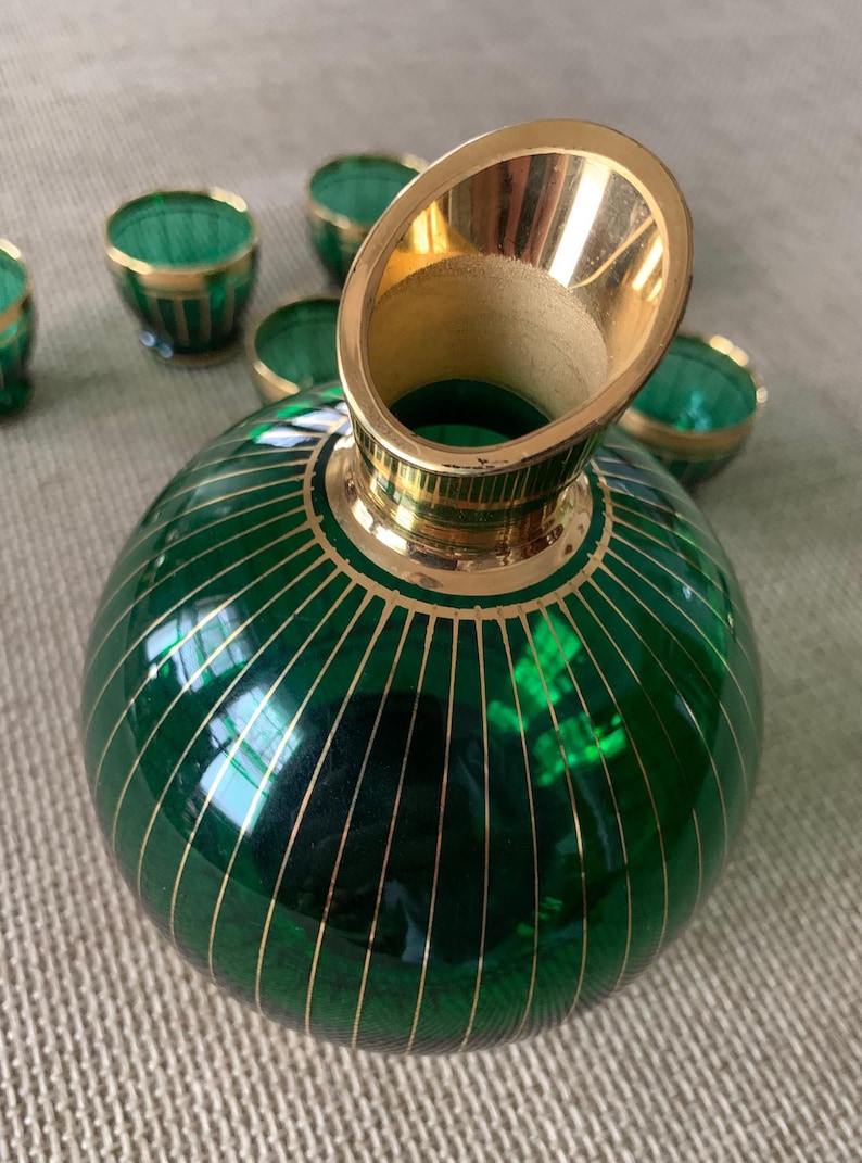 Mid Century Decanter Set | Bohemian Emerald Green Glass | 6 Liqueur ...