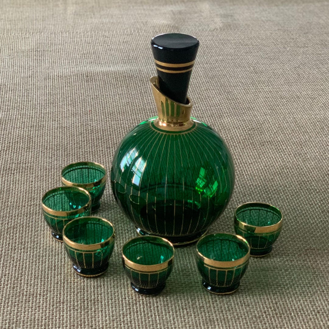 Mid Century Decanter Set | Bohemian Emerald Green Glass | 6 Liqueur ...