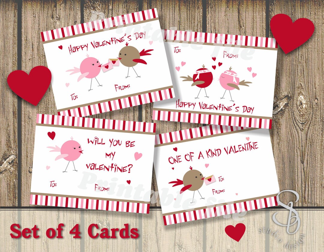 Set of 4 Printable Kids Valentine. DIY Valentine Cards. Instant ...
