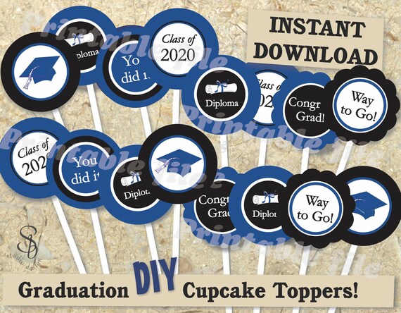 Graduation Cupcake Topper in Black Blue and White Printable | Etsy