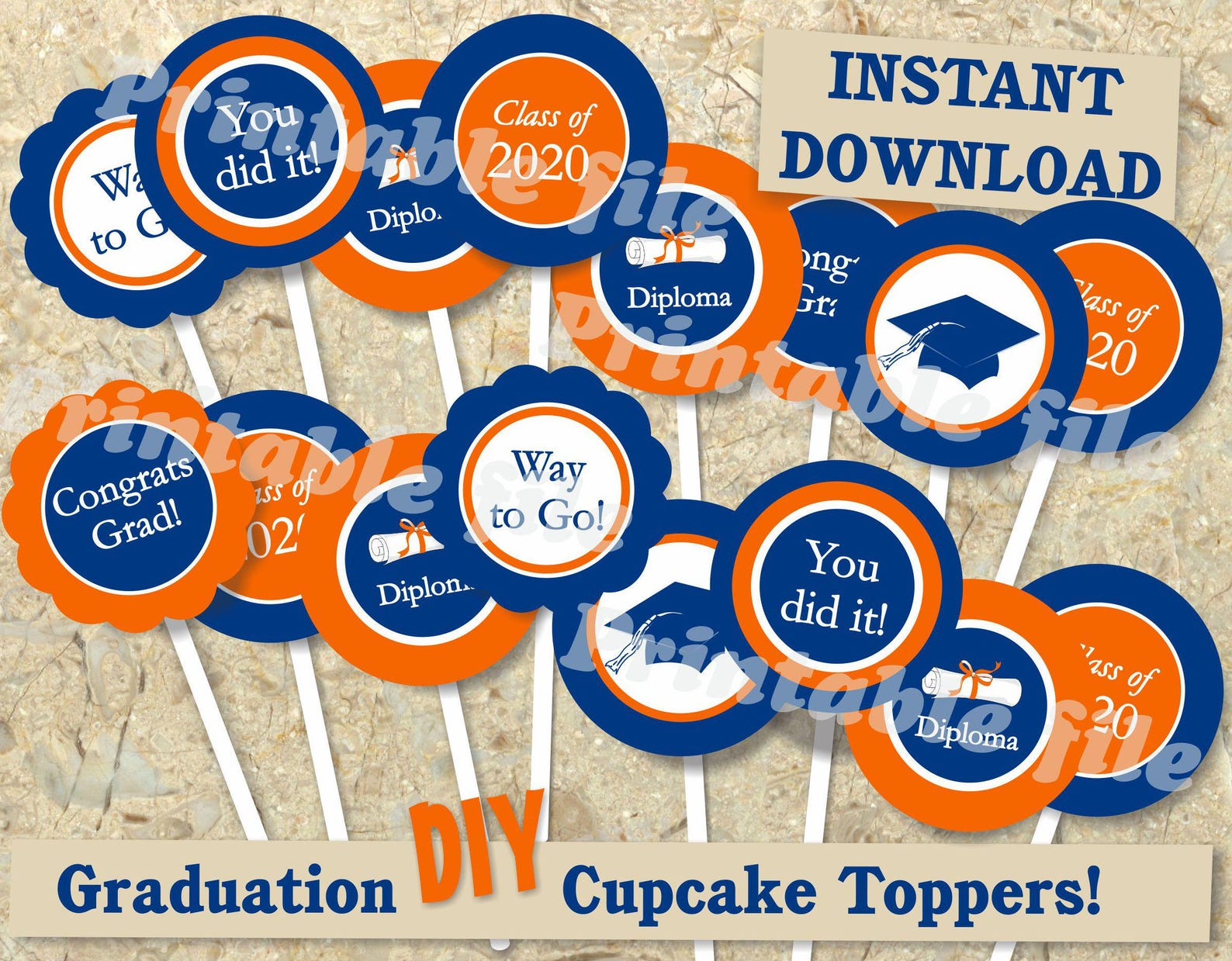Graduation Cupcake Topper in Orange and Bue Printable Template DIY - Etsy