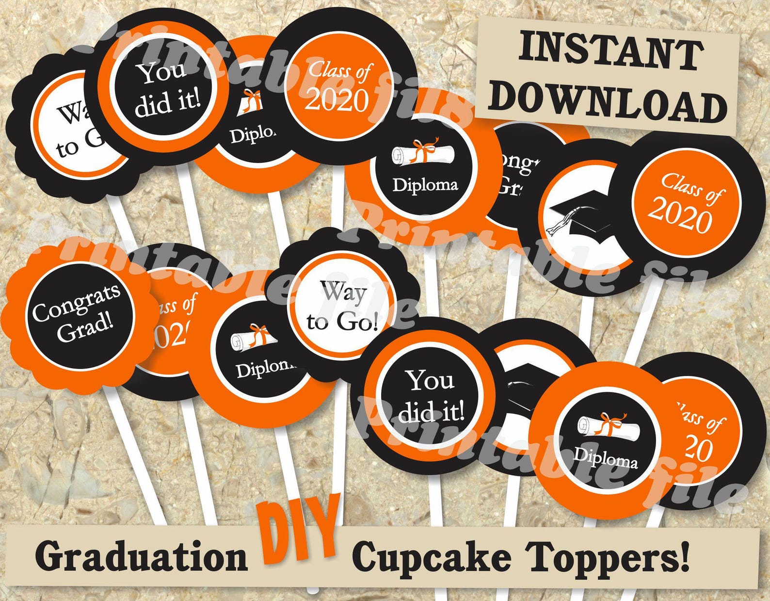 Graduation Cupcake Topper in Orange and Black Printable Template DIY - Etsy
