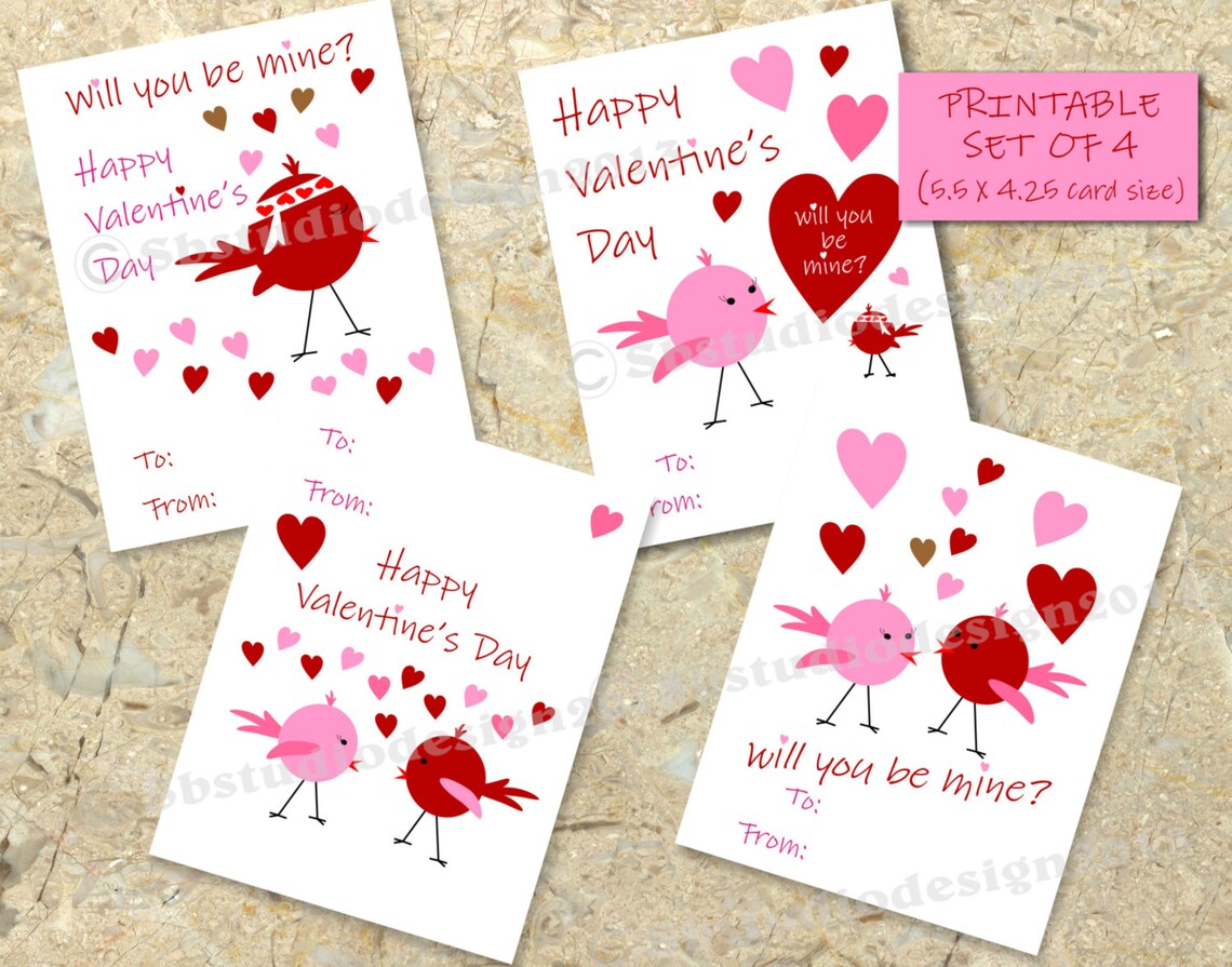 Printable Kids Valentine Card Set of 4 Cute Birdies, DIY Valentine Set ...