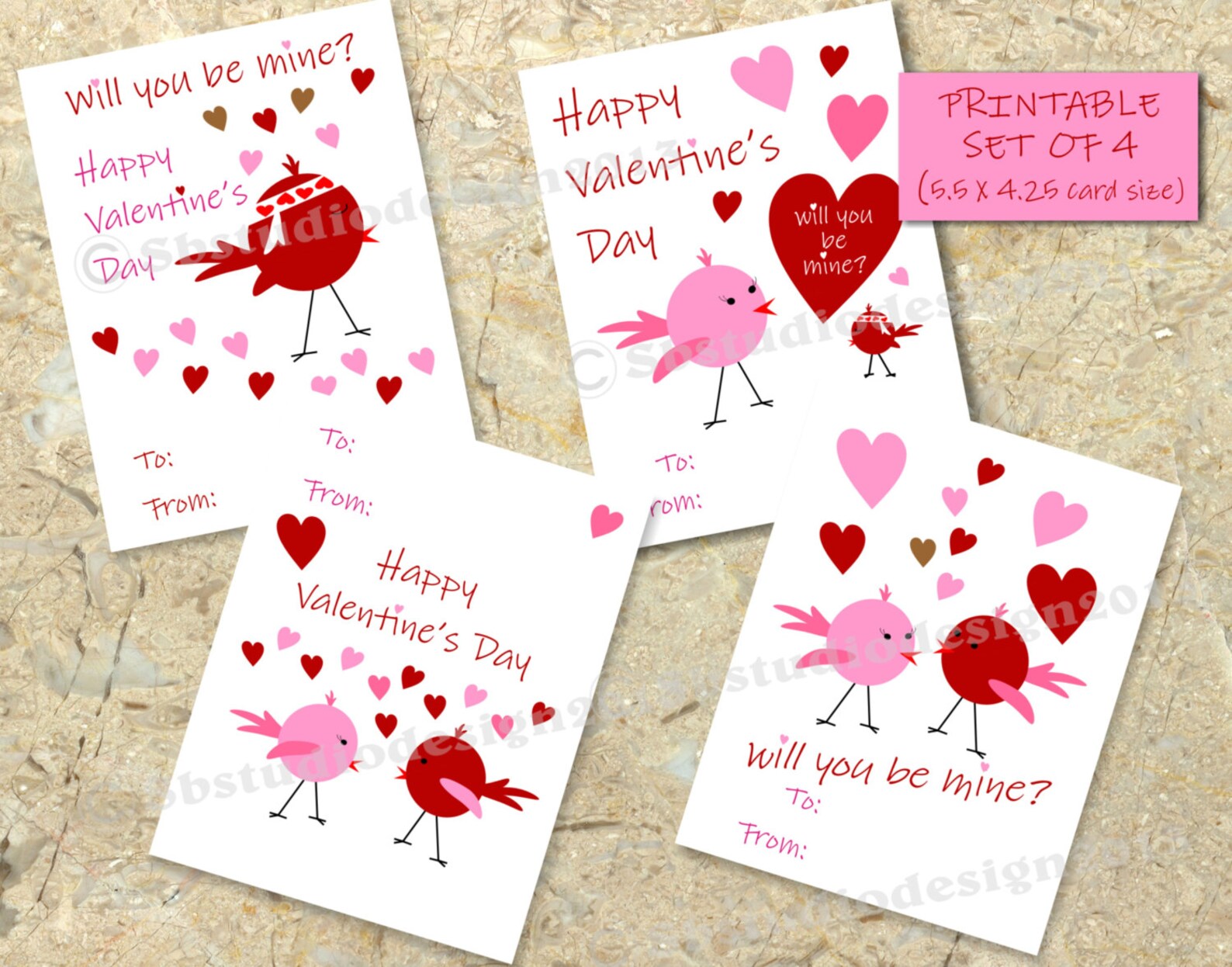 Printable Kids Valentine Card Set of 4 Cute Birdies, DIY Valentine Set ...