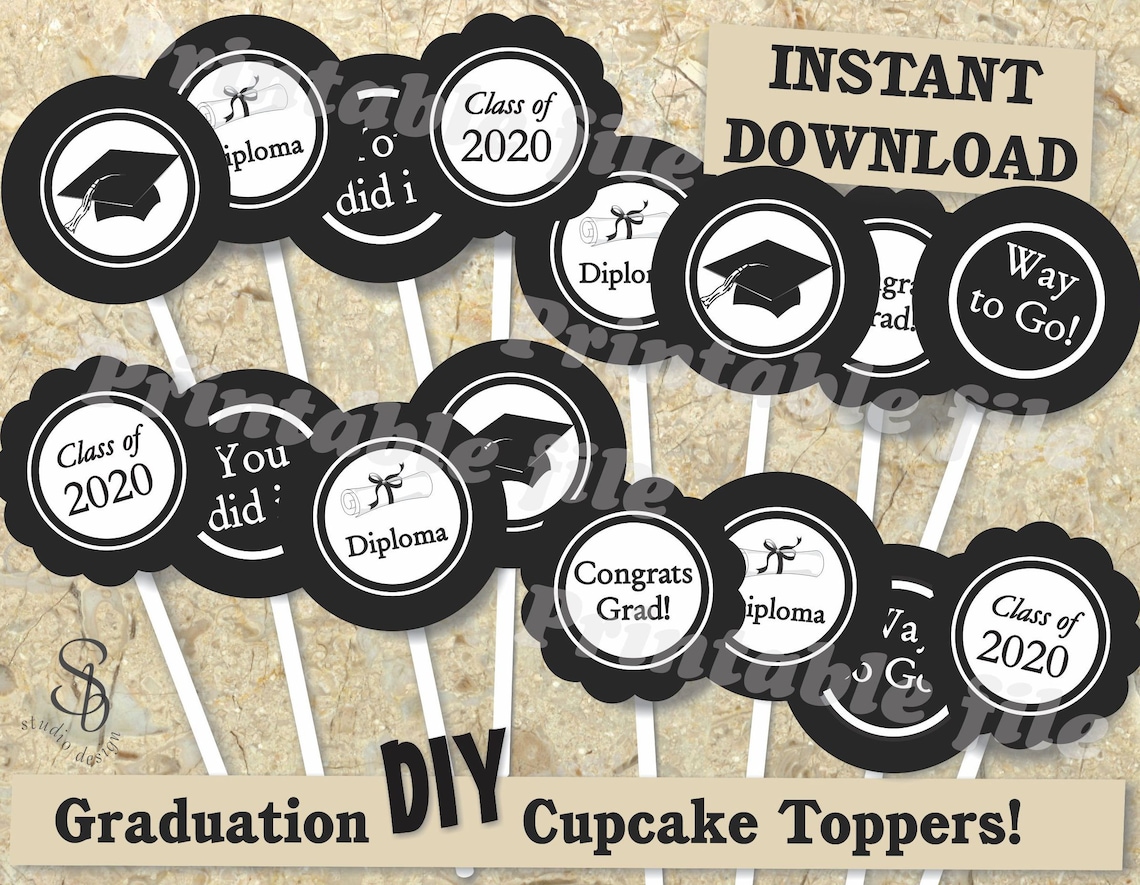 Graduation Cupcake Topper in Black and White DIY Print | Etsy