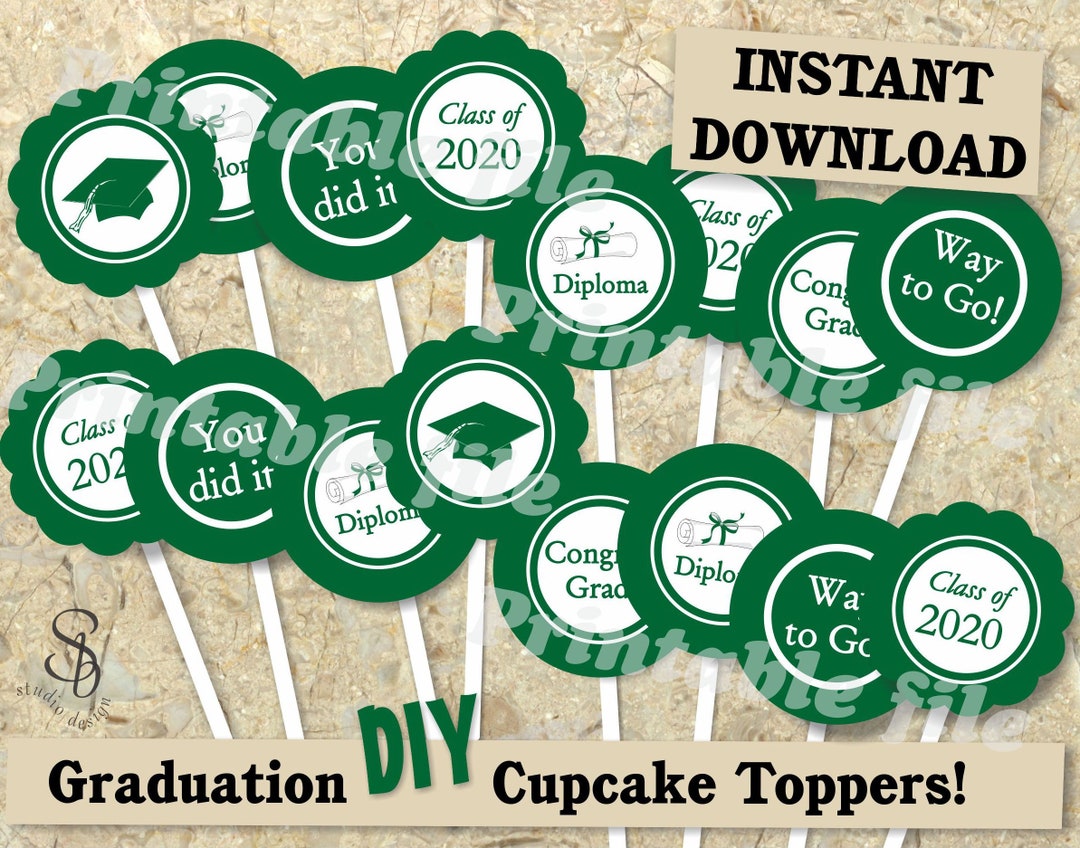 Graduation Cupcake Topper in Green and White Printable DIY Instant ...