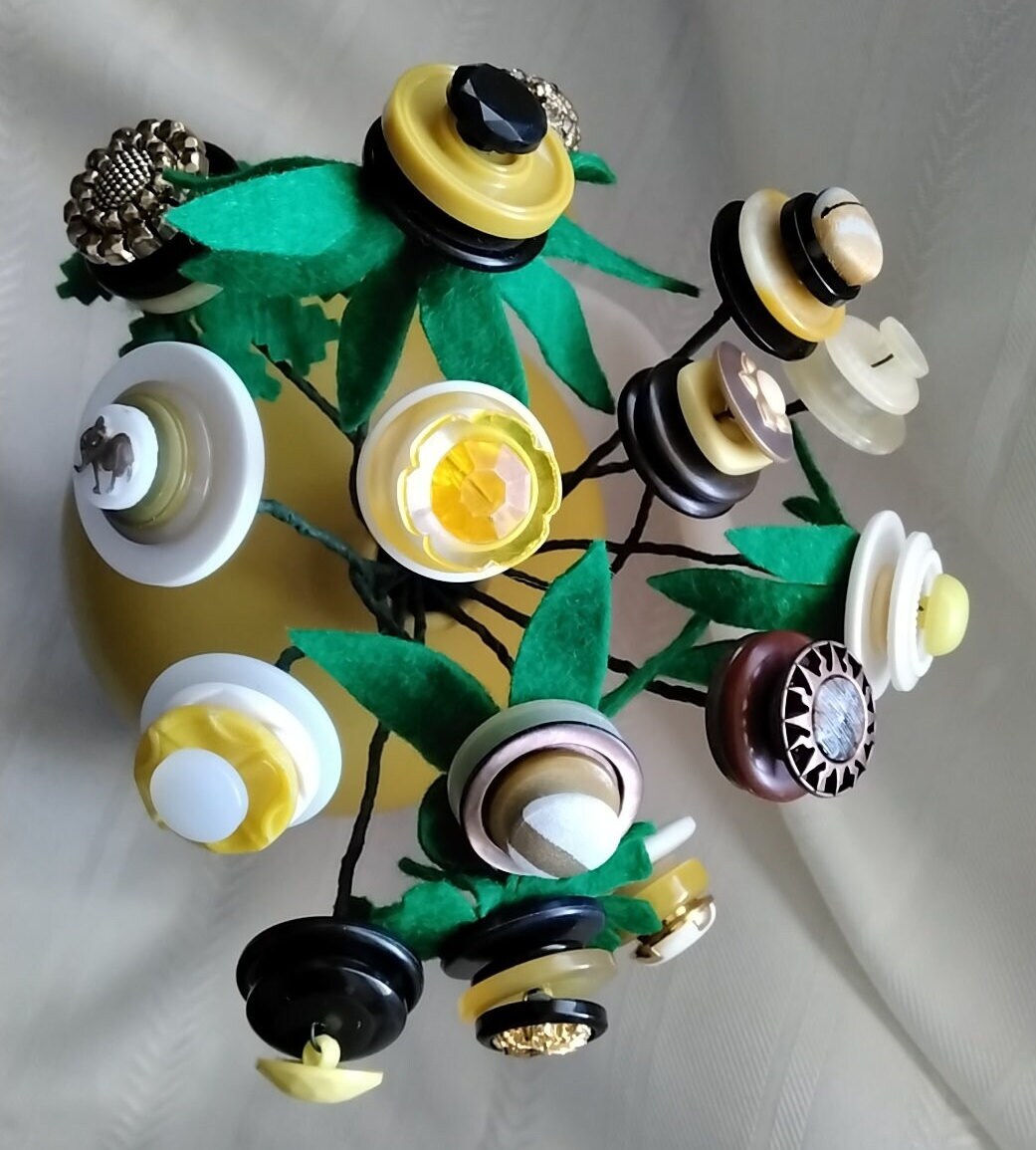Springtime Button Flower Bouquet in Yellow Vase With 15 flowers Made by ...