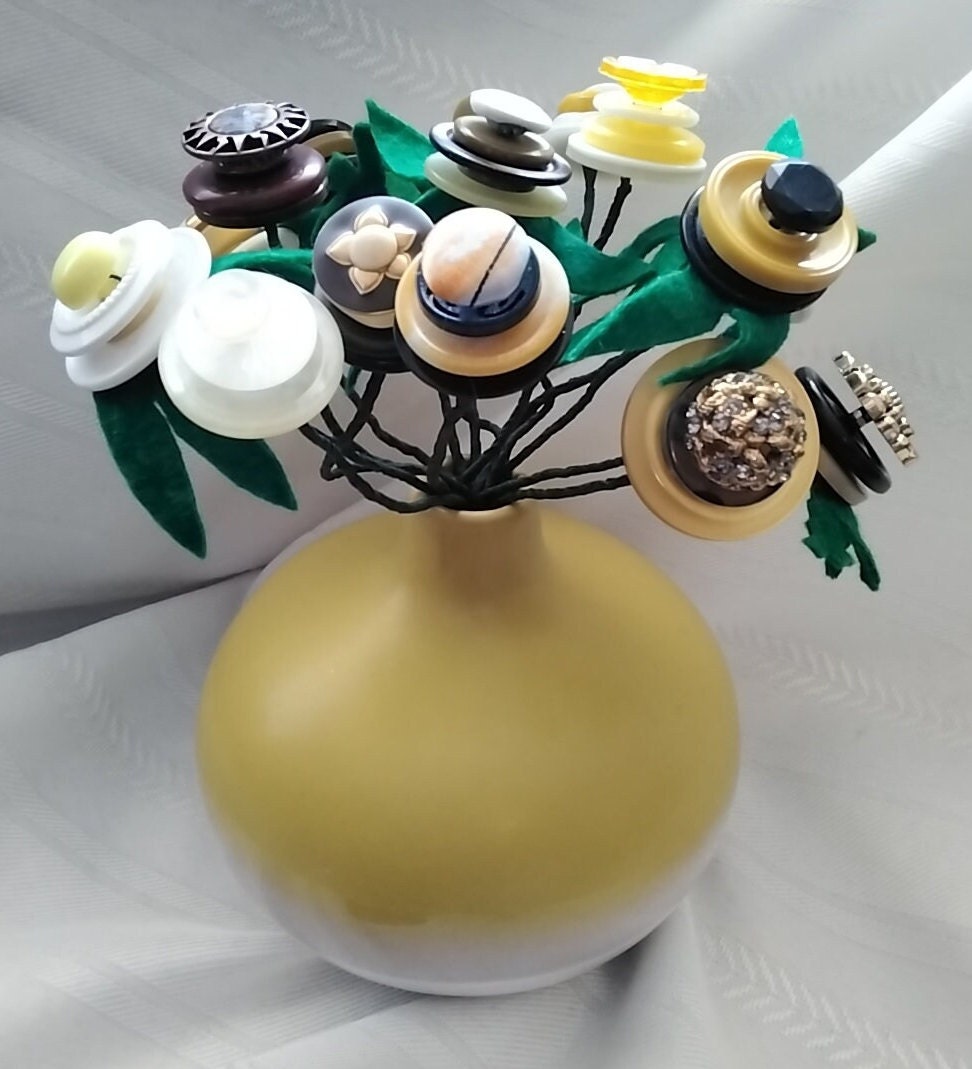 Springtime Button Flower Bouquet in Yellow Vase With 15 flowers Made by ...