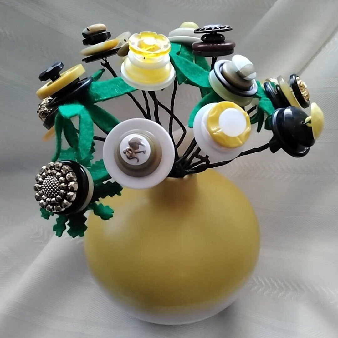 Springtime Button Flower Bouquet in Yellow Vase With 15 flowers Made by ...