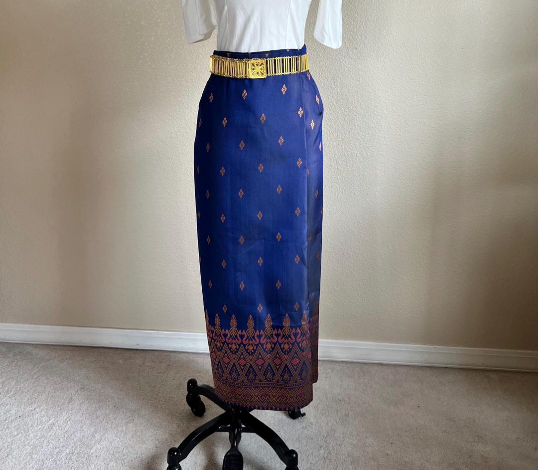 M-L Navy Blue Khmer Traditional Skirt, Sompot Bot, Cambodian Temple ...