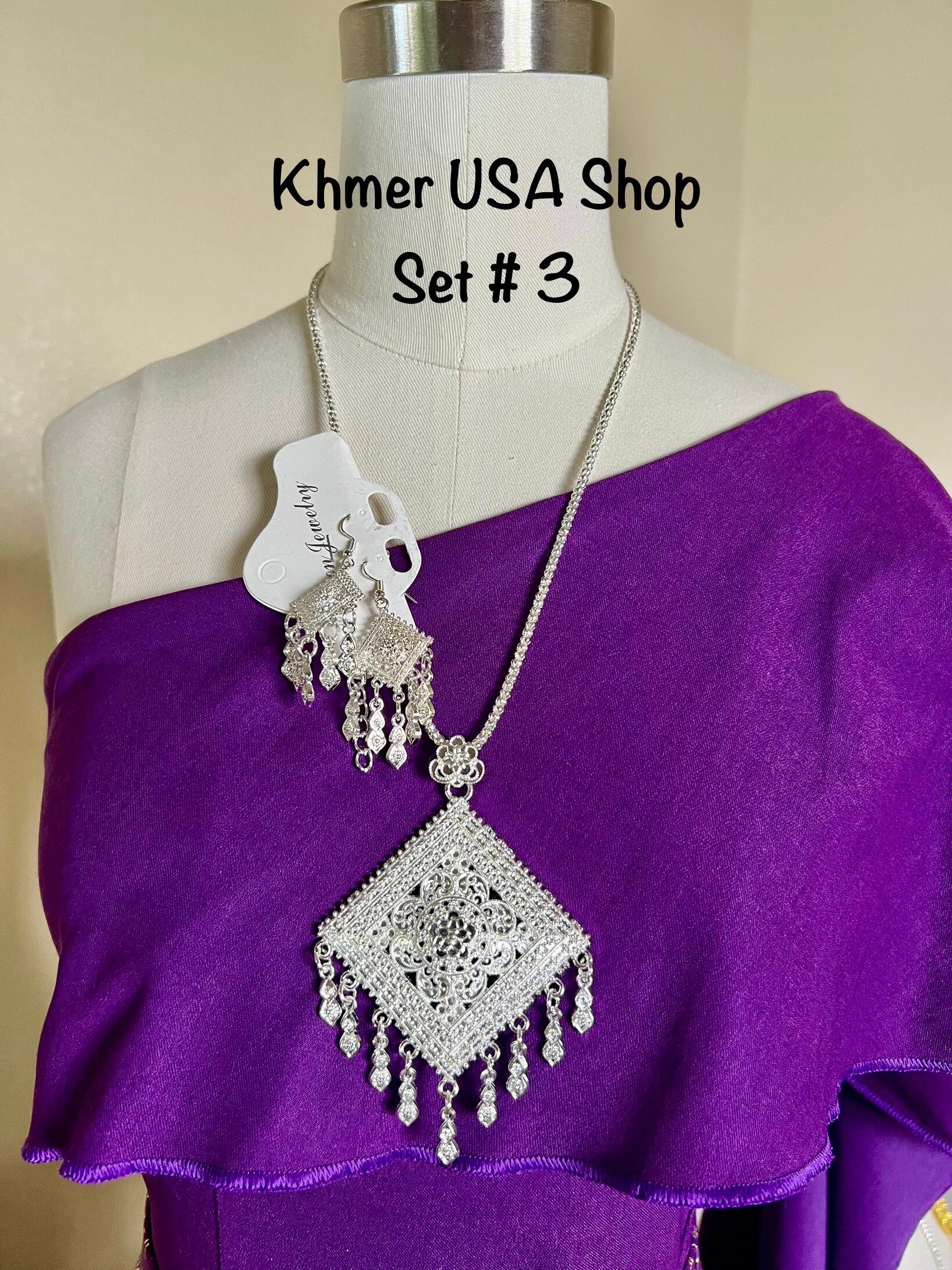 KhmerUSAshop Necklace Earrings Set Fashion Jewelry Costume Accessories Southeast Asian Bridal Jewelry Khmer Thai Lao Cambodian Fashion Jewel