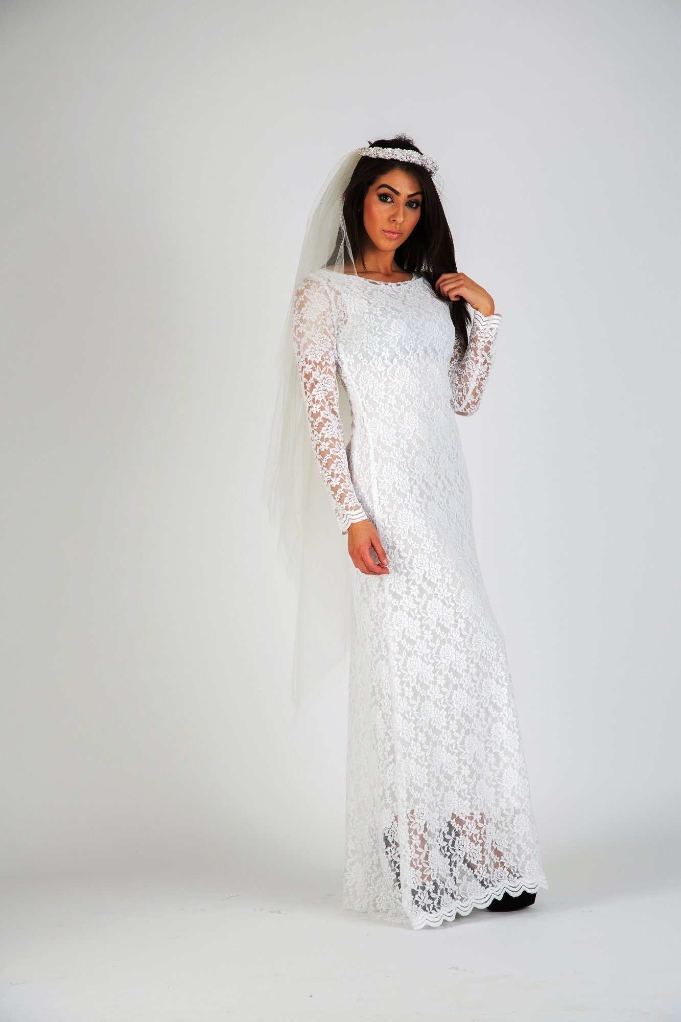 White Modest Wedding Dress Long Sleeves Simple Boho Bridal | Etsy