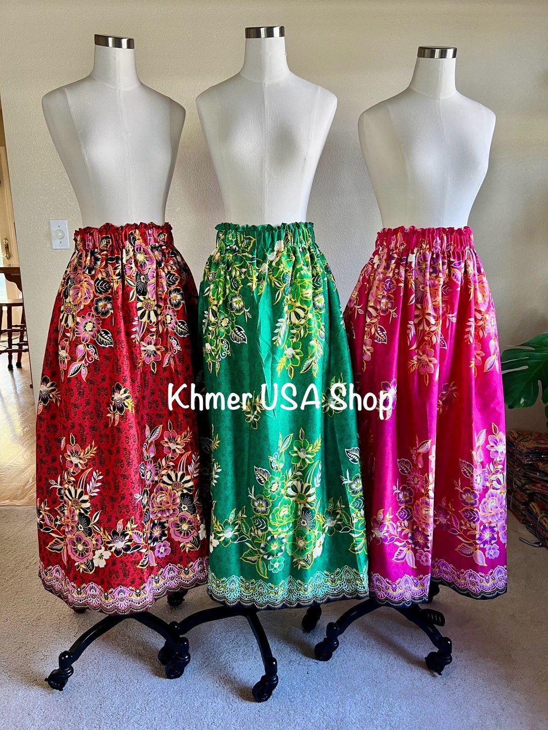 3 Elastic Sarongs, M-2XL, Khmer Style, Asian Everyday Skirt, Pacific ...