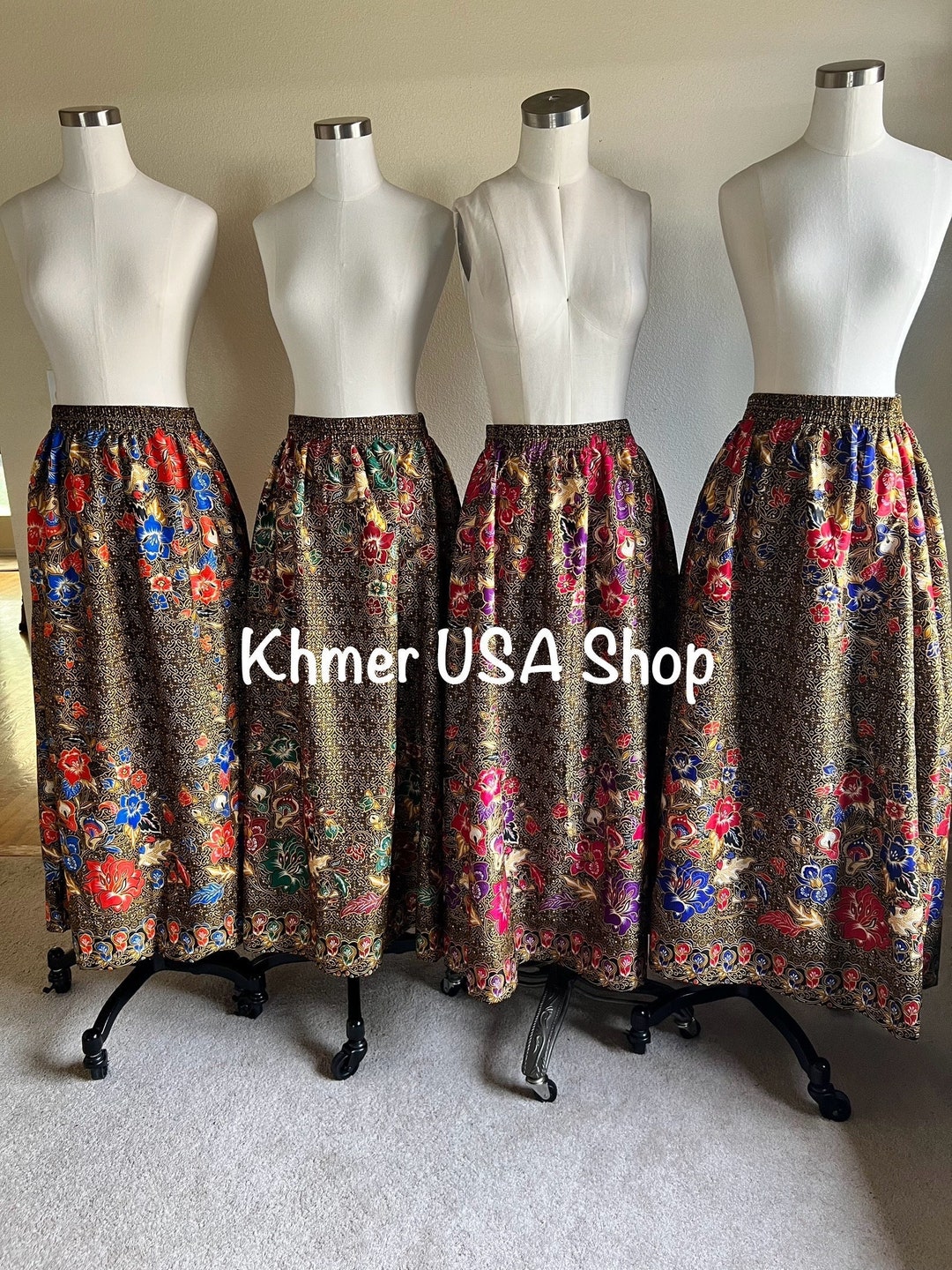 S-L (4-8) Elastic Skirt, Khmer, Thai, Lao Asian Skirt, Islander, Luau ...