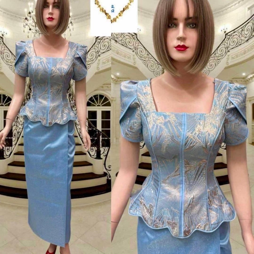 M (6) Baby Blue Gold Khmer Outfit (skirt & Top), Thai, Lao, Cambodian ...