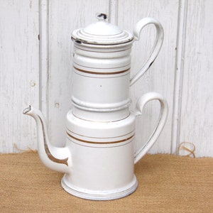 Antique Enamel Coffee Pot White With Gold Stripe Enamel - Etsy