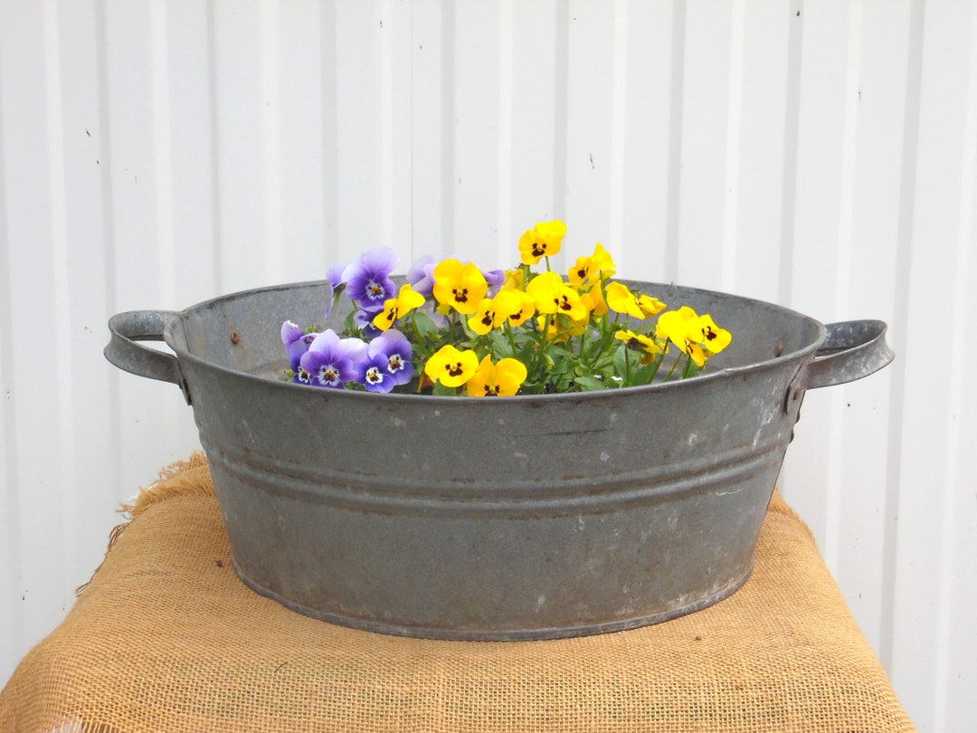 Vintage Galvanized Zinc Pot Cottage Garden Planter Bathroom Sink ...