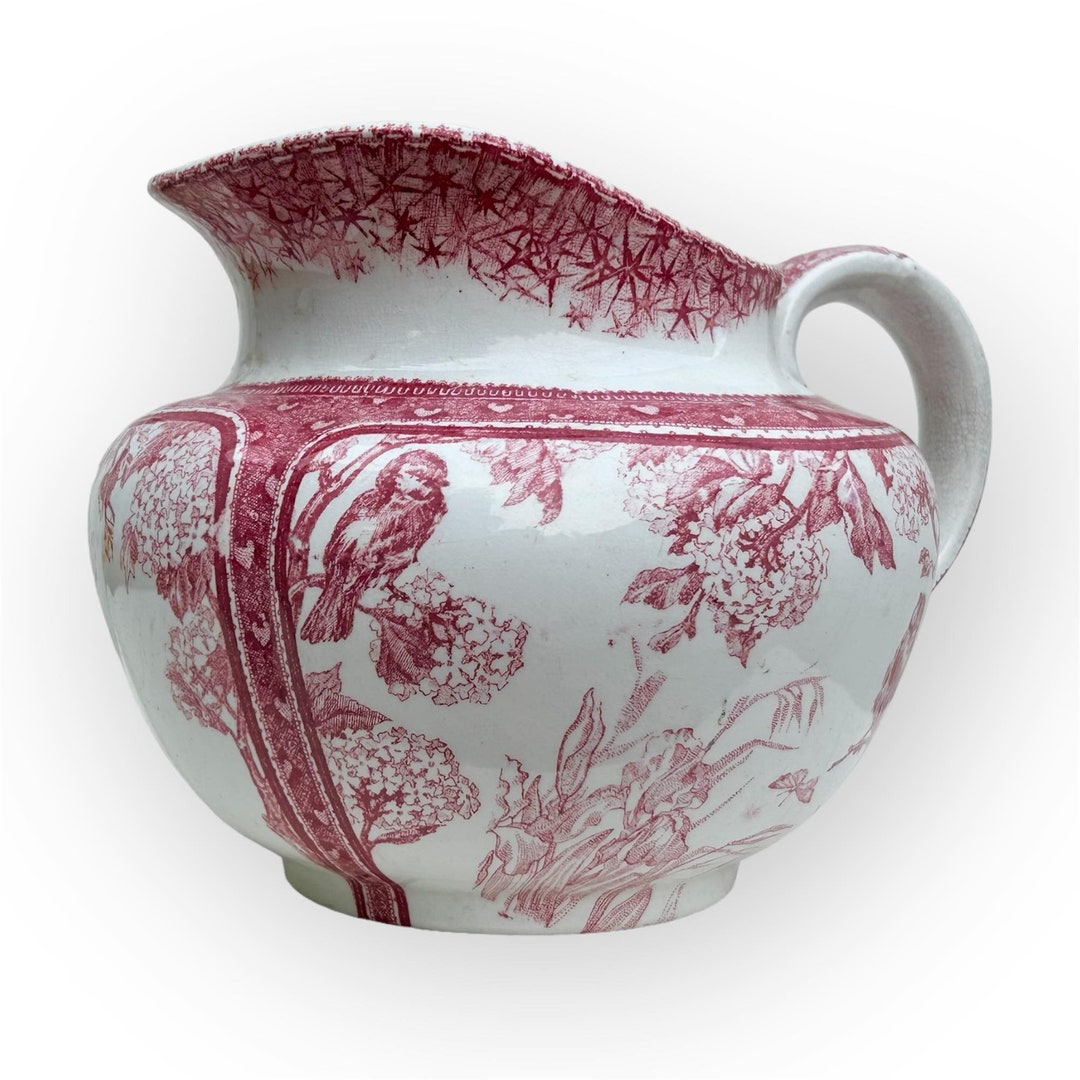Rare Antique French Bathroom Pitcher Pink Bird and Floral Pitcher ...