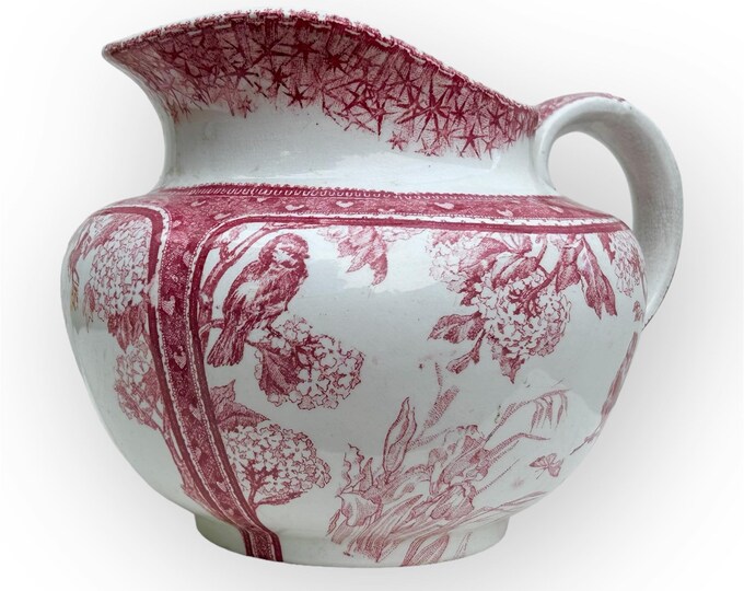 Rare Antique French Bathroom Pitcher - Pink Bird and Floral Pitcher ...