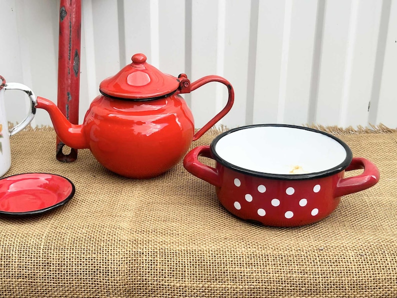 Vintage Red Enamel Kitchenware Set: Country Cottage Chic Decor - Etsy