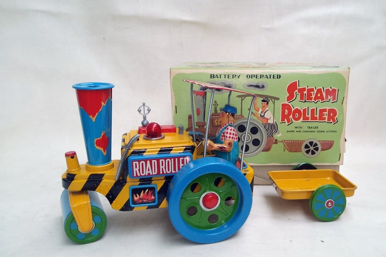 Nos Rare Vintage Tin Toy Steam Roller With Trailer Battery Operated ...