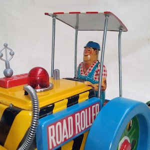 Nos Rare Vintage Tin Toy Steam Roller With Trailer Battery Operated ...