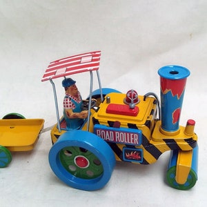 Nos Rare Vintage Tin Toy Steam Roller With Trailer Battery Operated ...