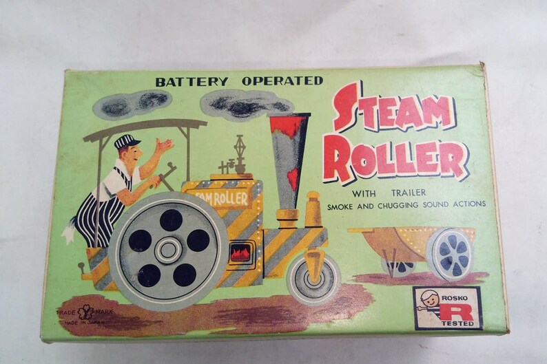 Nos Rare Vintage Tin Toy Steam Roller With Trailer Battery Operated ...
