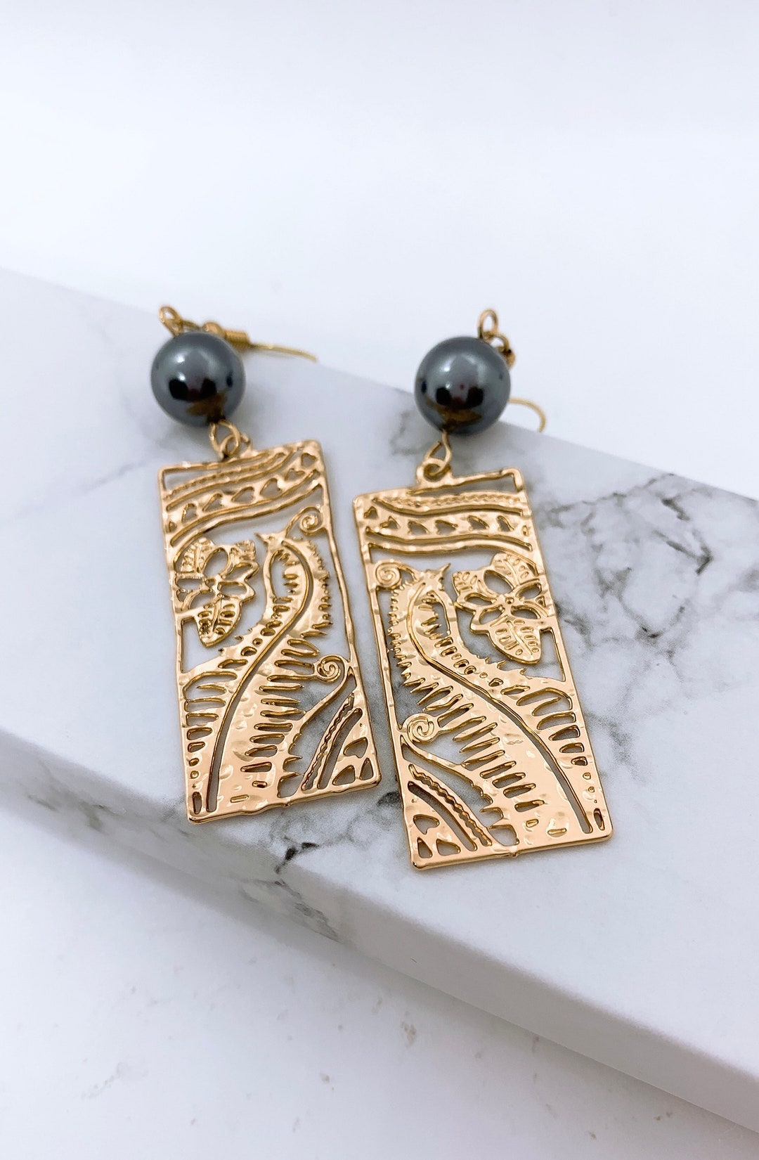 Tropical Tribal Fern Leaf: Hamilton Gold Hapu'u Leaf Earring With Shell ...