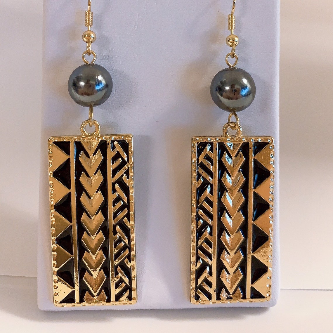 Mauna Kea Black Tribal Rectangle: Hamilton Gold Earring With | Etsy