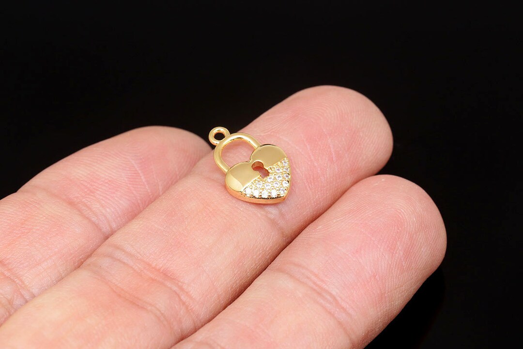 16K Real Gold Plated CZ Heart Lock Charm, Micro Pave Lock Pendant ...