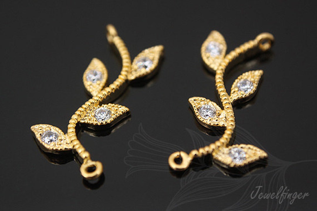 16K Real Gold Plated CZ Leaf Connector, Sideways Cubic Leaf, Jewelry ...