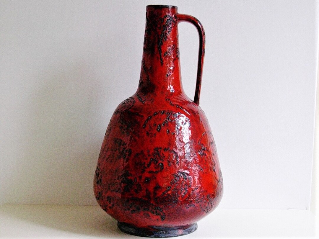 XXL Large Gräflich Ortenburg Keramik / Ceramic Handled Vase, Red/black ...