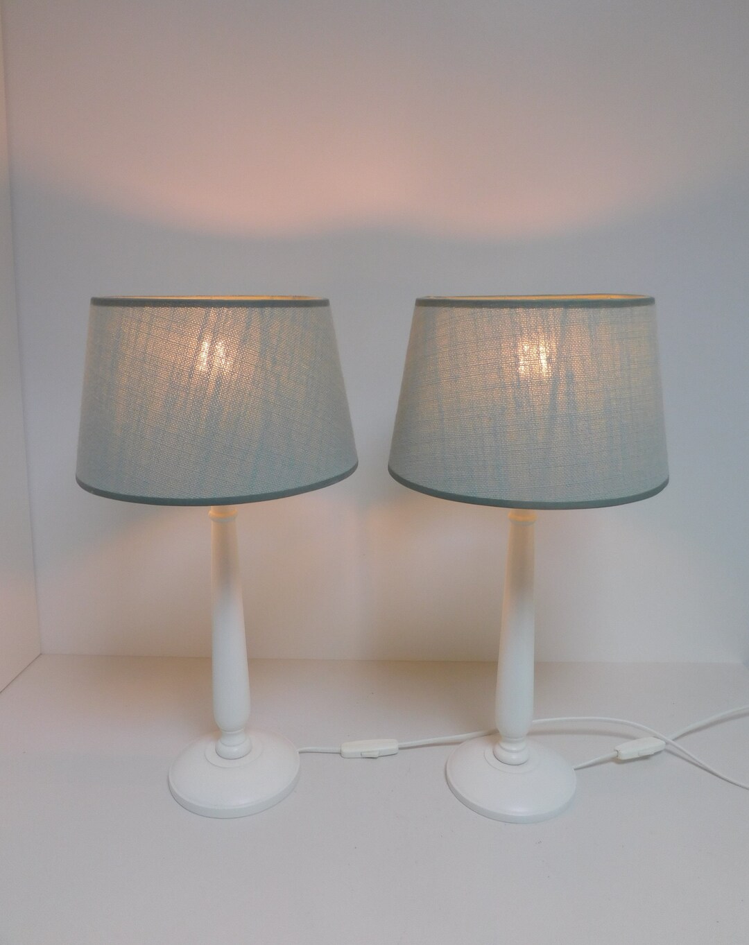 Great Set/ Pair, Dutch Design Table Lamp, White Wooden Base With Fabric ...