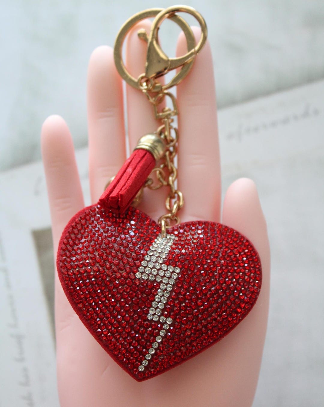 Red Heart Lightning Bolt Keychain | Rhinestone Bag Charm | Bold Purse ...