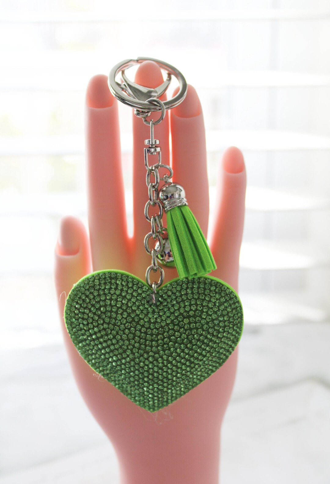 Green Rhinestone Heart Keychain: Suede Tassel Bag Charm - Etsy