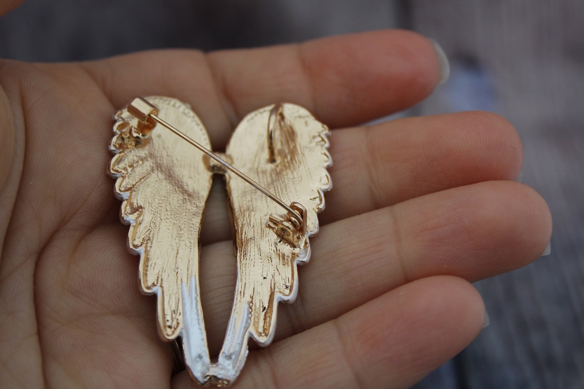 White and Gold Angel Wings Brooch Pin - Etsy