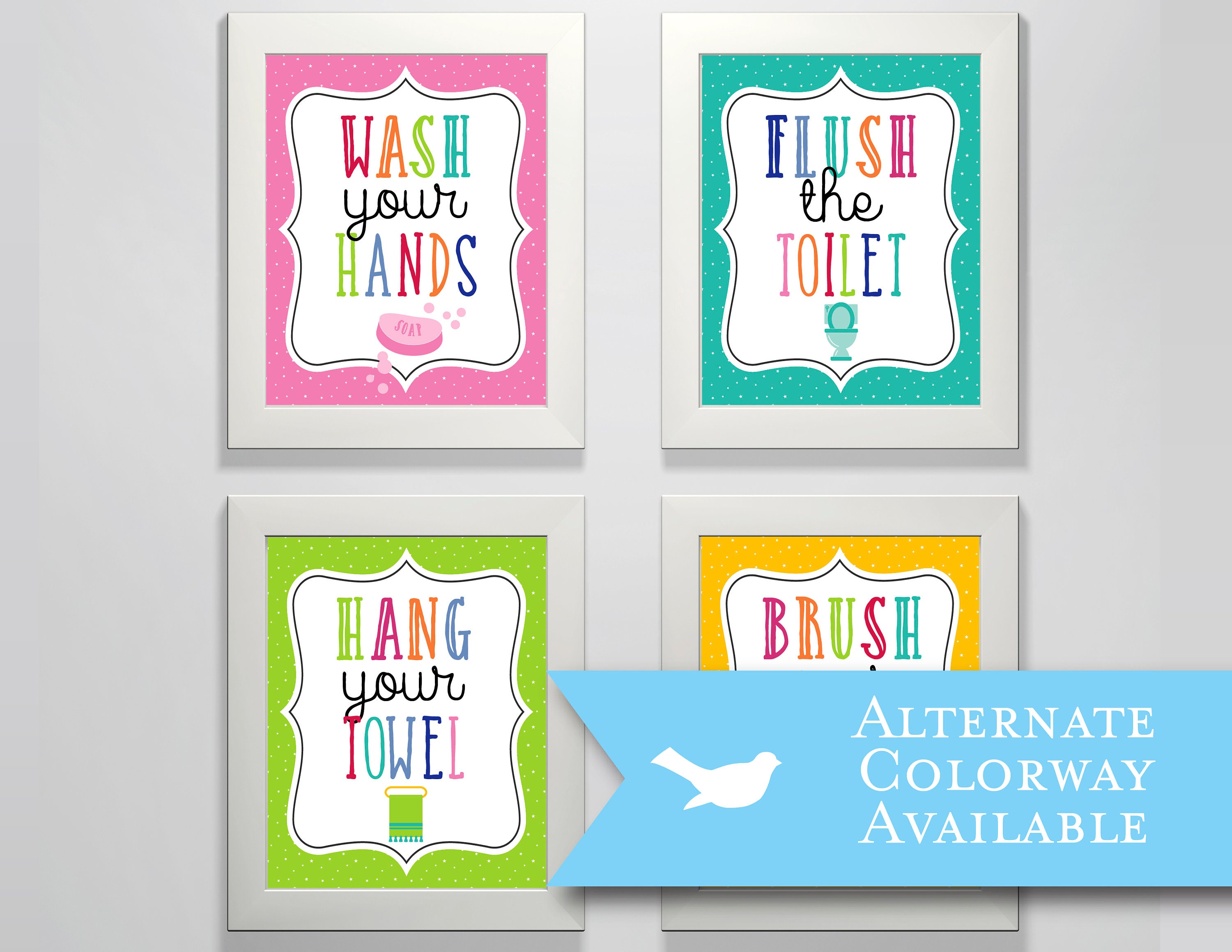 Kids Bathroom Decor Poster INSTANT DOWNLOAD Wash Flush | Etsy