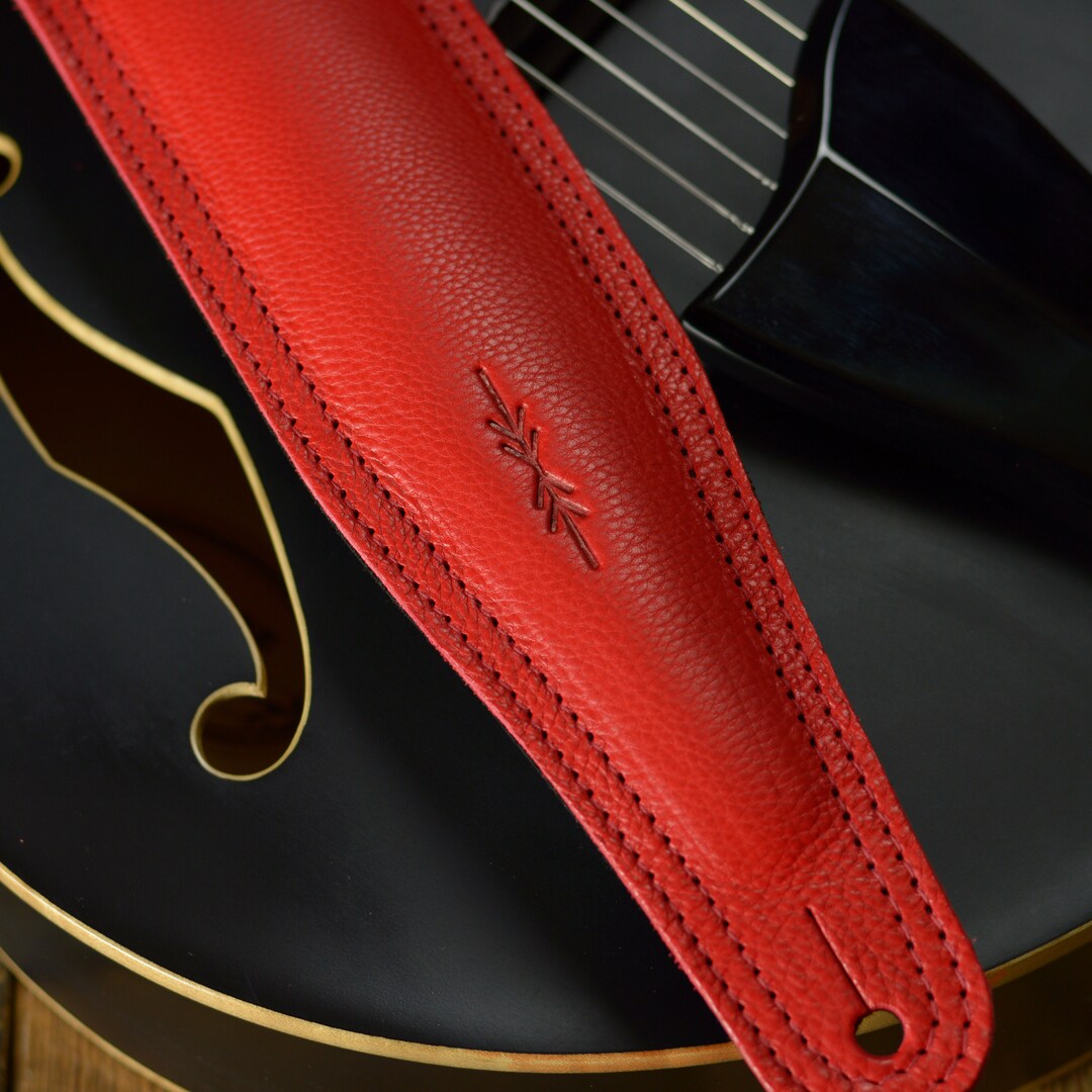Thick Padded Red Leather Guitar Strap or Bass Strap, BS63, 3 Inches Wide, High Quality Soft ...