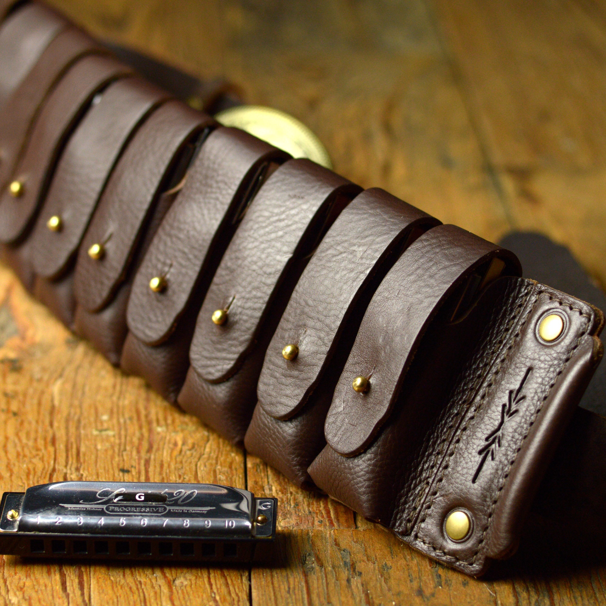 Deluxe Leather Harmonica Belt With Pocket Covers, Blues Harp Holder ...